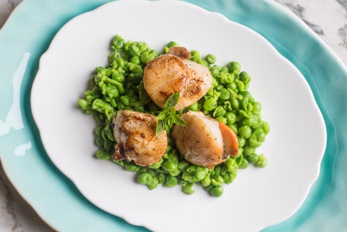 Scallops on Smashed Minted Peas - The Hedgecombers