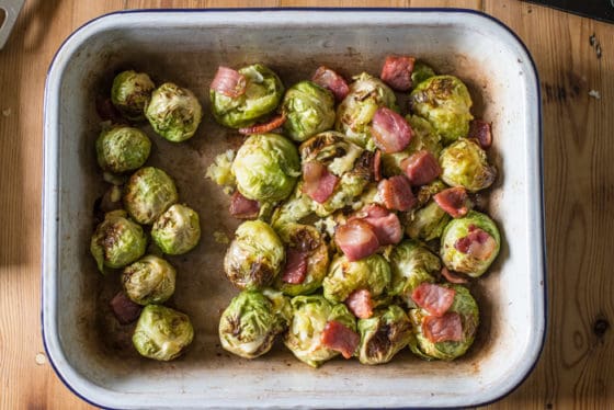 Smashed Roast Sprouts with Bacon and Chestnuts - The Hedgecombers