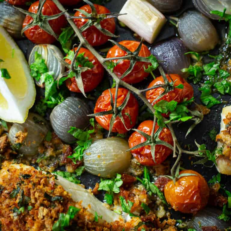 Cod and Chorizo Tray Bake - easy one pan dinner - The Hedgecombers