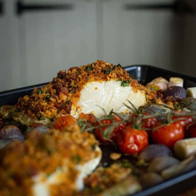 Cod and Chorizo Tray Bake - easy one pan dinner - The Hedgecombers